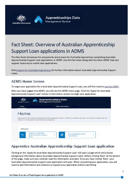 Fact Sheet – Overview of Australian Apprenticeship Support Loan applications in ADMS ...